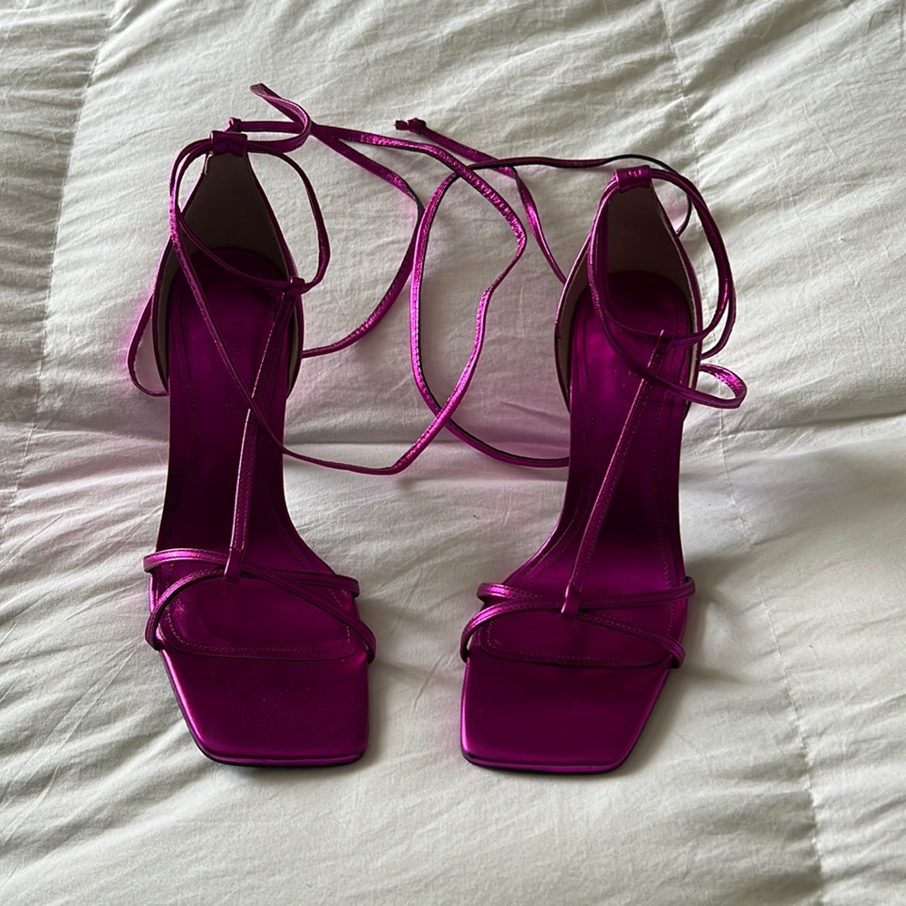 Zara Pink Metallic Wrap Heels - Gem